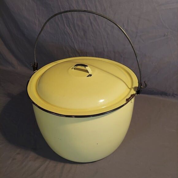 Kitchen | Vintage Large Enamelware Yellow Lid Hanging Kettle Stock Pot ...